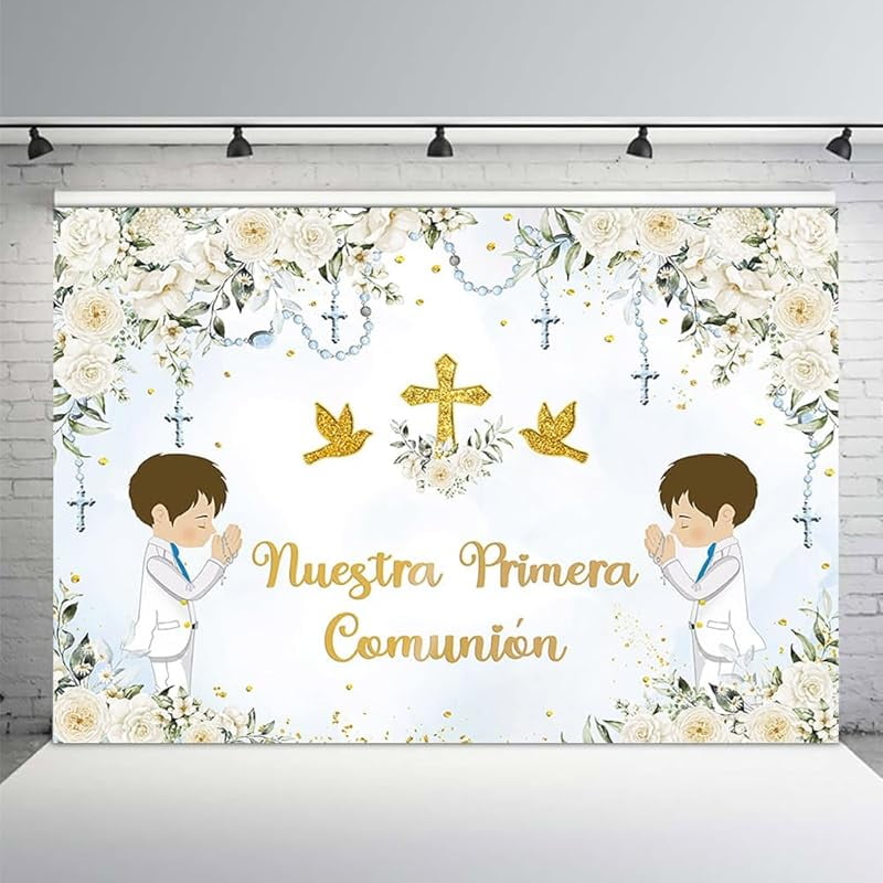 Floral Nuestra Primera Comunión Baptism Backdrop for Twin Boys Siblings First Holy Communion ...