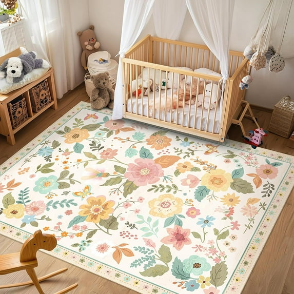 Floral Nursery 5x7 Area Rugs Machine Washable Soft Print Boho Carpet ...