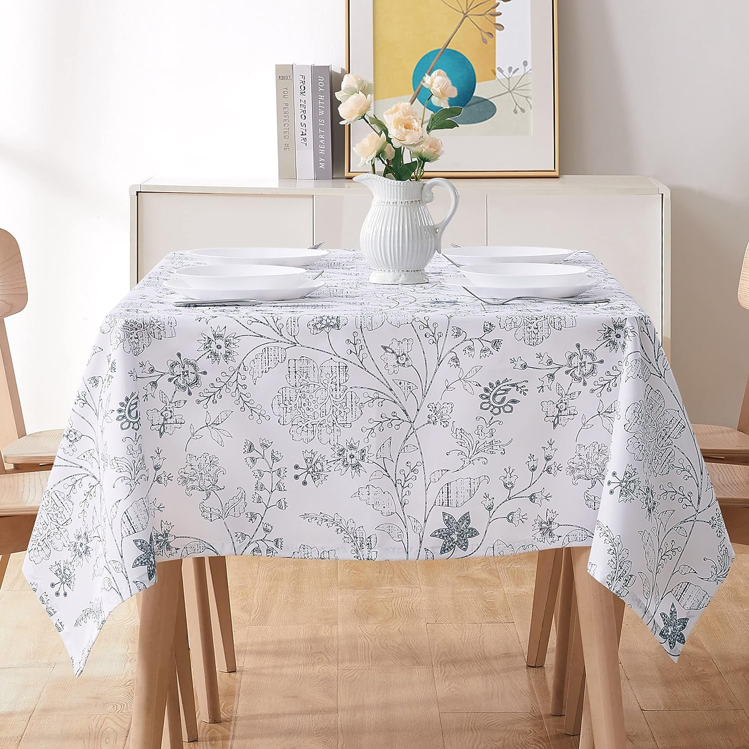 Floral Oblong Tablecloth Farmhouse Blue Flower Water Resistant Fabric ...