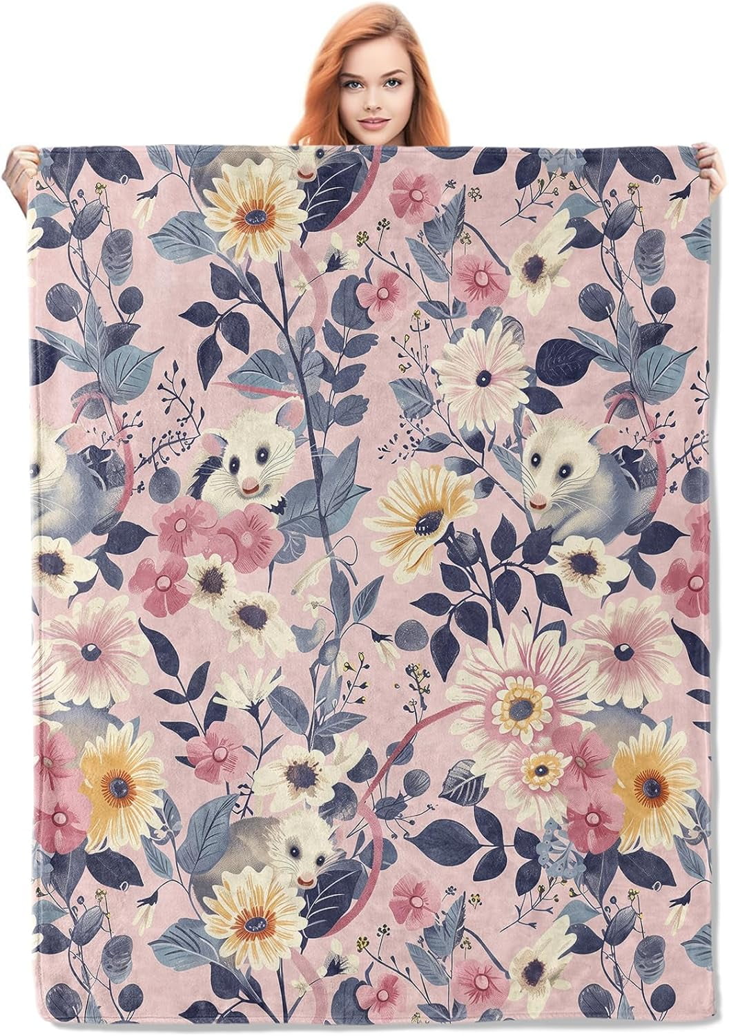 Floral Opossum Fleece Blanket Gifts for Kids and Adults, Cute Animal ...
