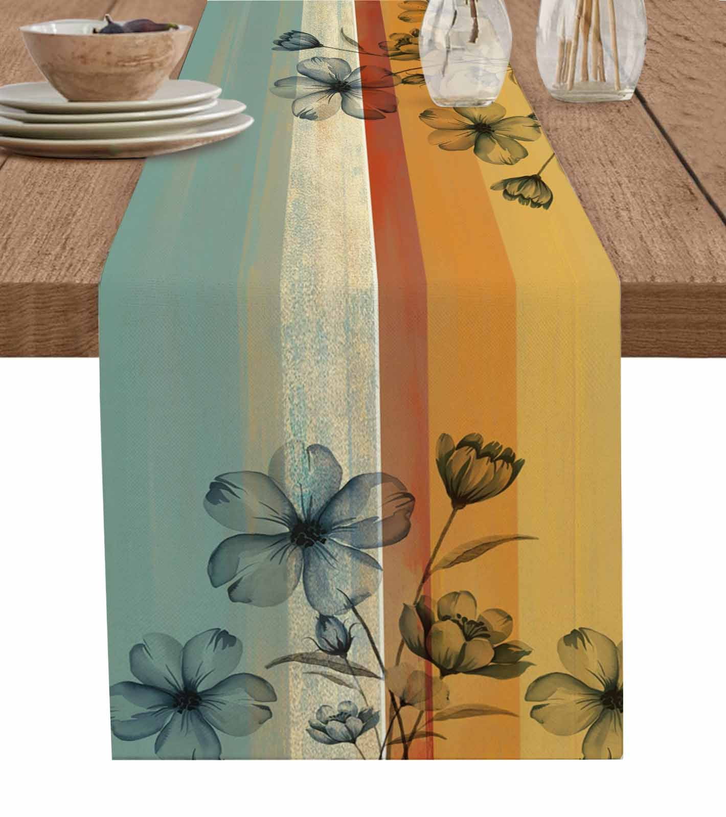 Floral Orange Table Runner Multicolor Striped Decadent Botanical Flower ...
