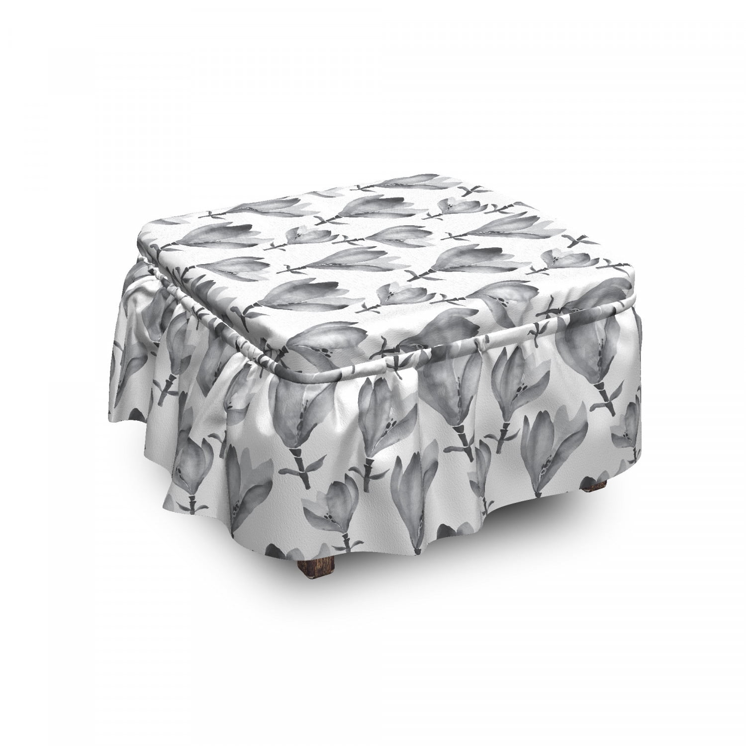 Floral Ottoman Cover, Greyscale Watercolor Flowers, 2 Piece Slipcover ...