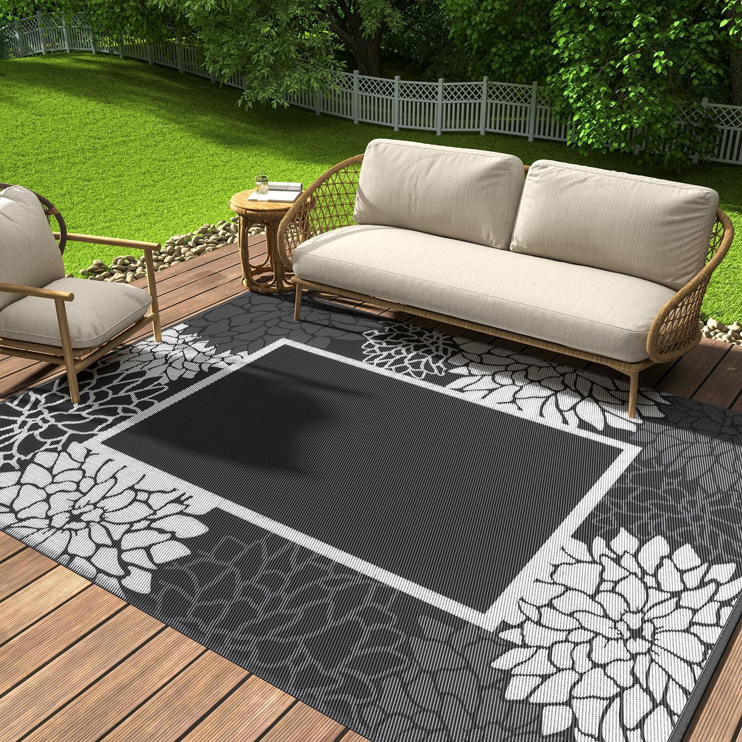 Floral Outdoor Rug 5x8 Reversible-Quick Dry Patio Rug-Waterproof Indoor ...