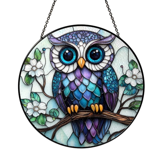 Floral Owl Stained Glass Style Suncatcher Window Decor, Vibrant Bird ...