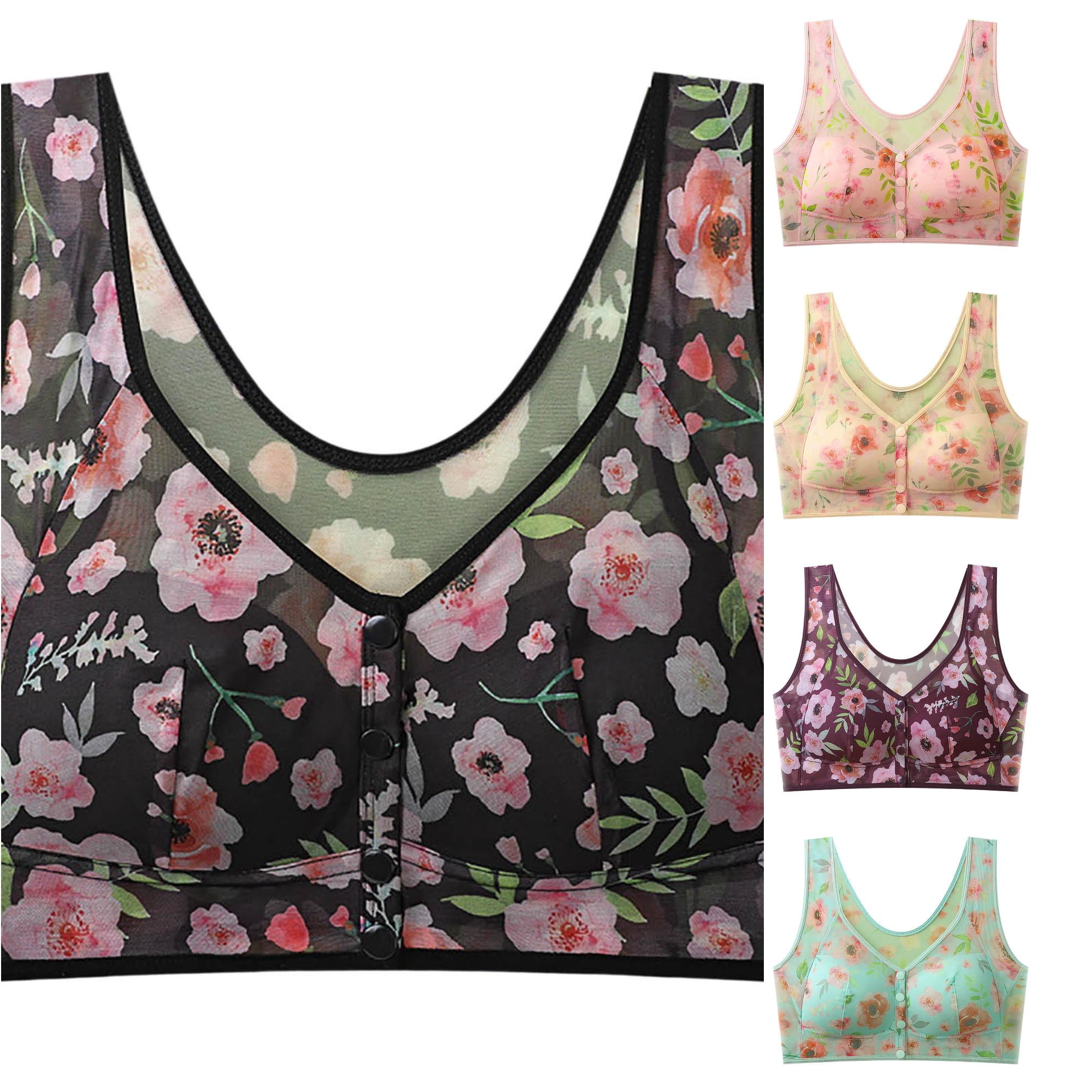 Floral Padded Wireless Bra For Women Front Snap Closure Seamless Mesh ...