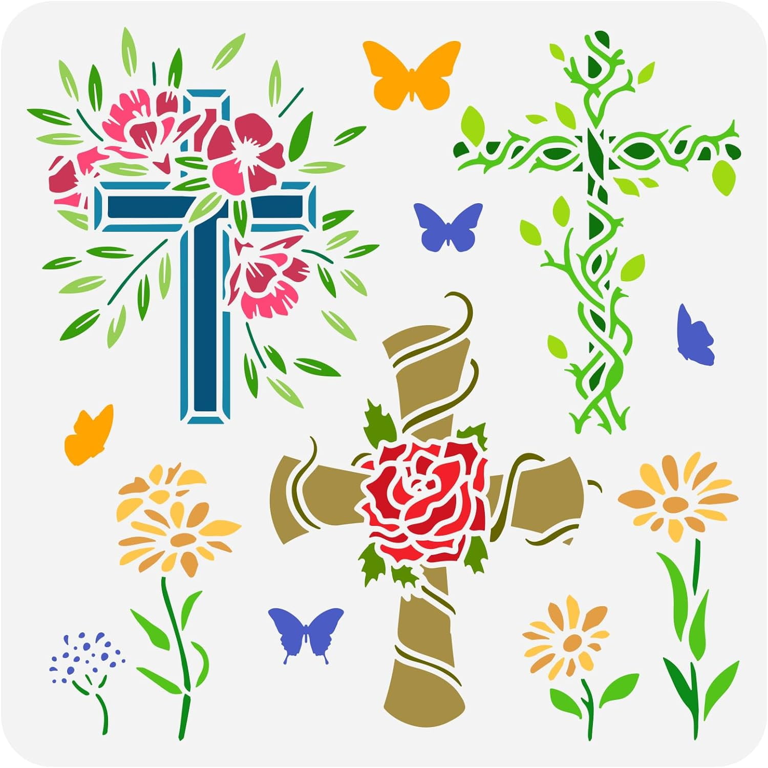 Floral Painting Stencil 11.8x11.8inch Reusable 3 Style Flower Crucifix ...