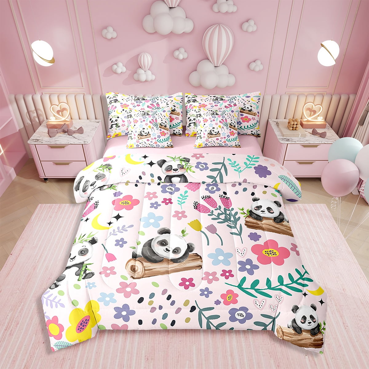 Floral Panda 7Pcs Bedding Sets Cartoon Panda Comforter Bed in a Bag ...