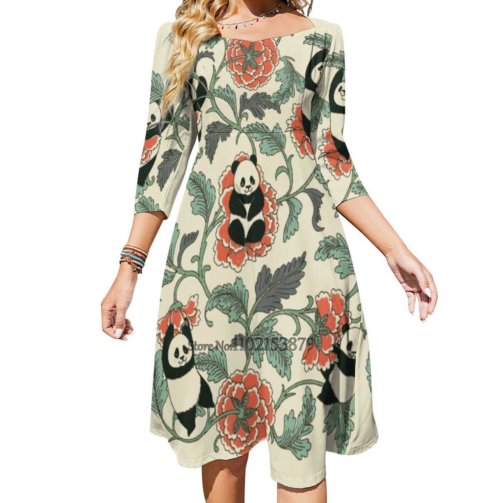 Floral Panda Back Lacing Backless Dress Square Neck Dress Evening Party ...