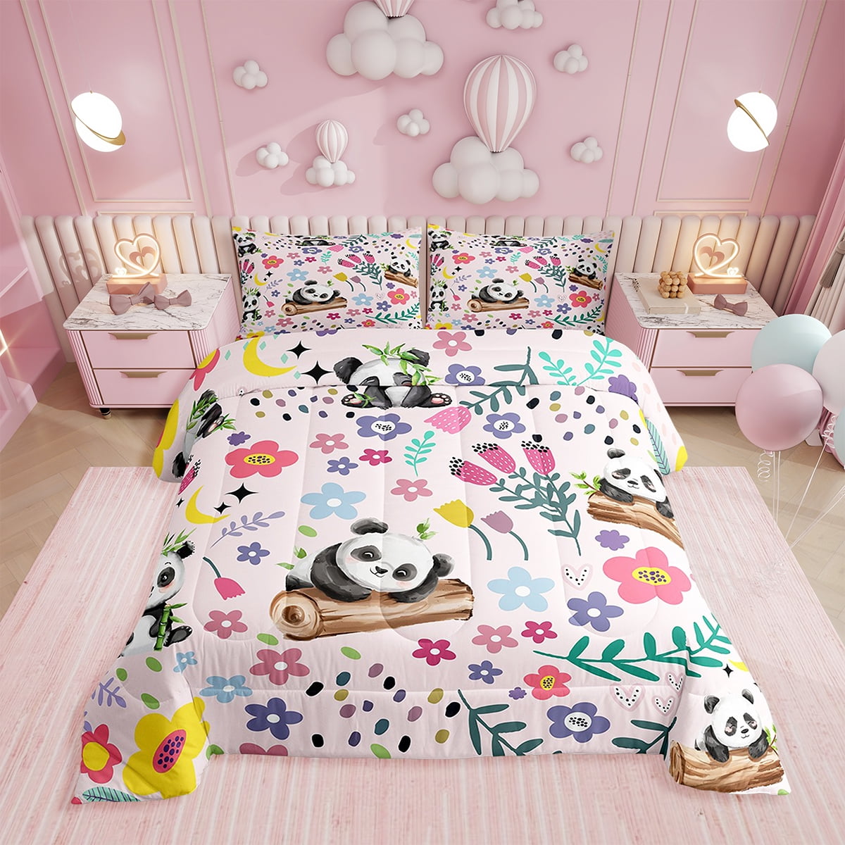 Floral Panda Comforter Twin Panda Bedding Set Cartoon Animal Comforter ...