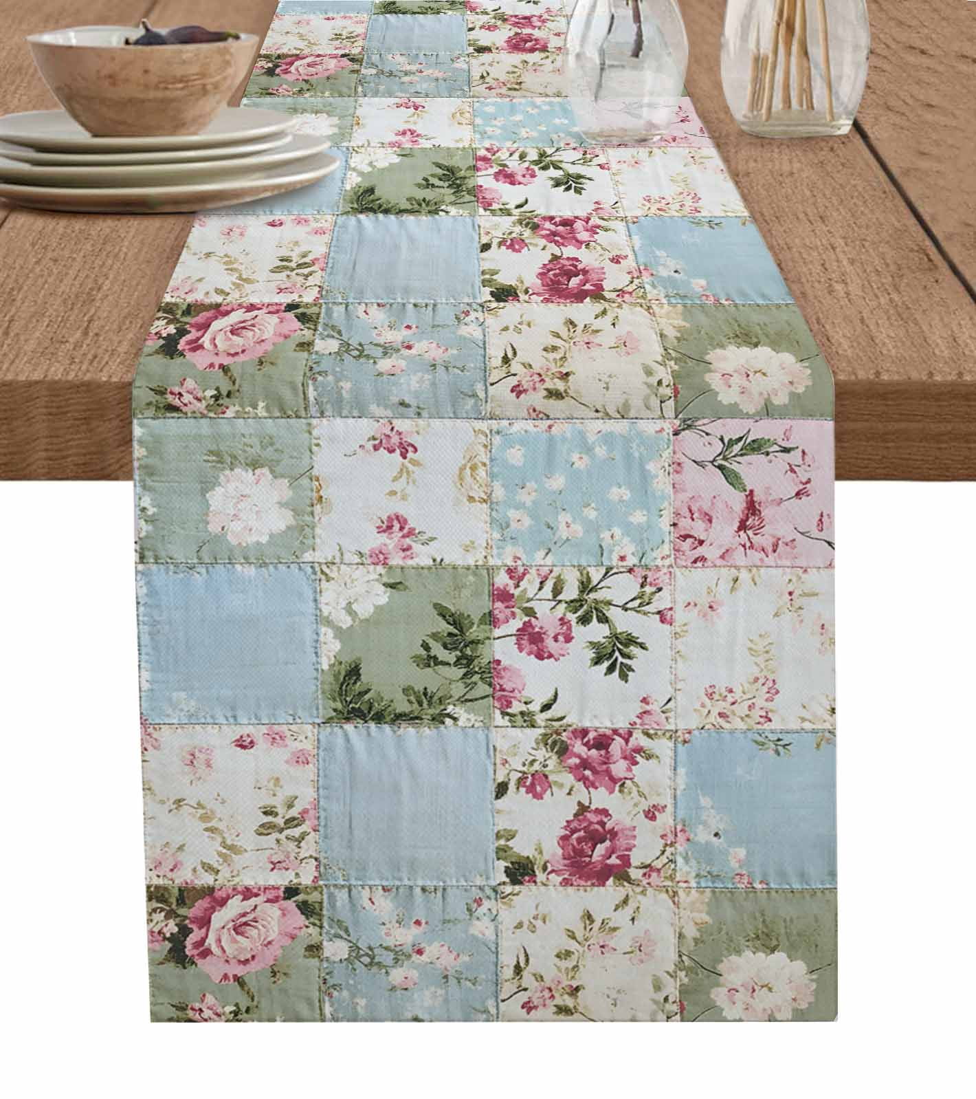 Floral Patchwork Farmhouse Vintage Blue Green Table Runners for Dining ...