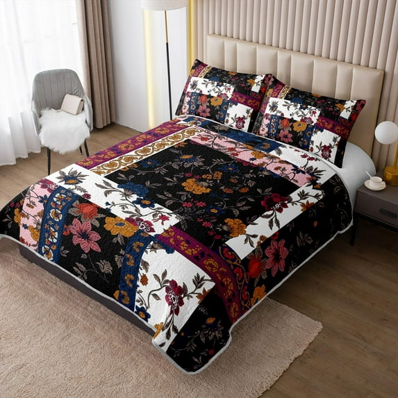 Floral Patchwork King Quilt Set - Boho Soft Microfiber Bedspread Bed ...