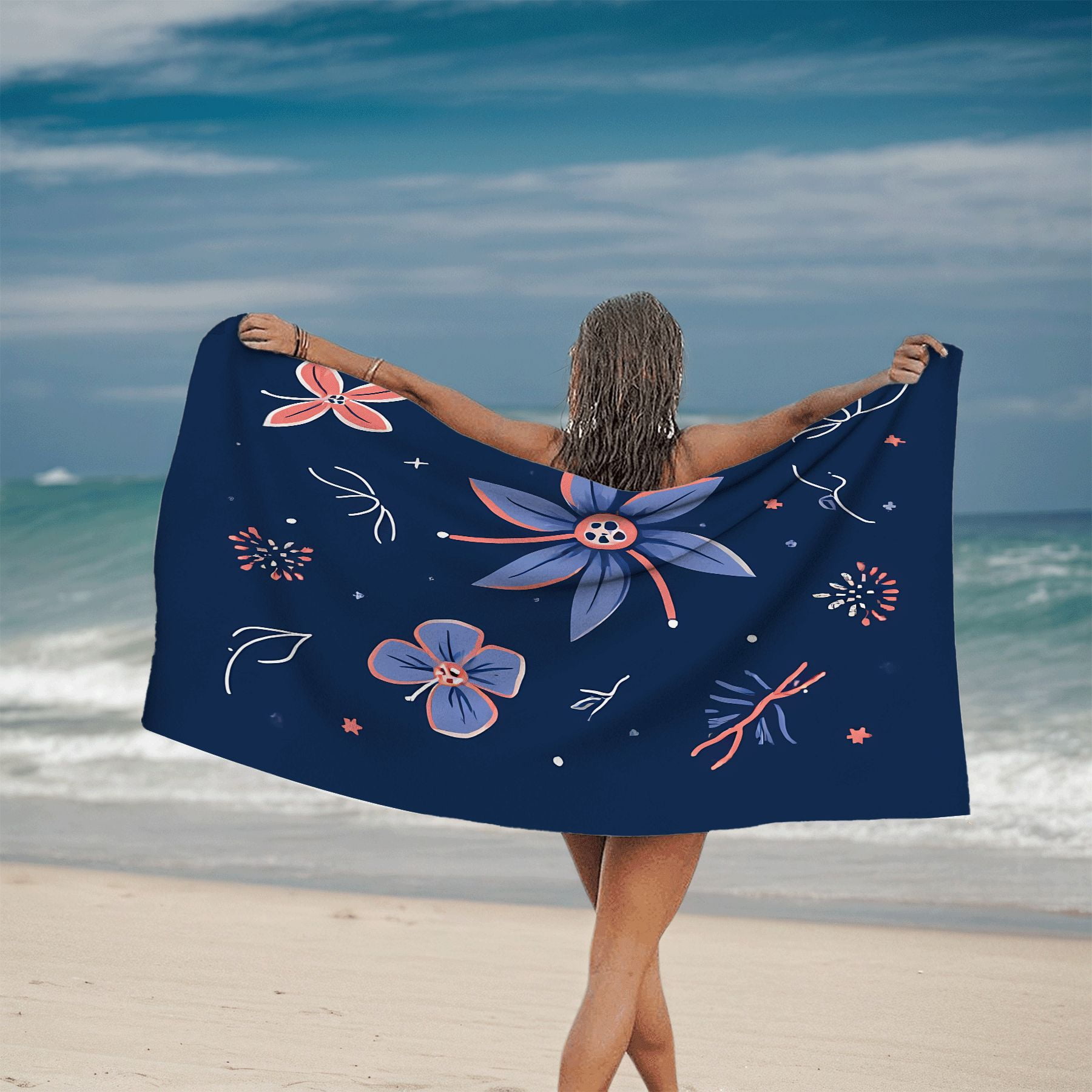 Floral Pattern Beach Towel - Dark Blue Background with Purple & Pink ...