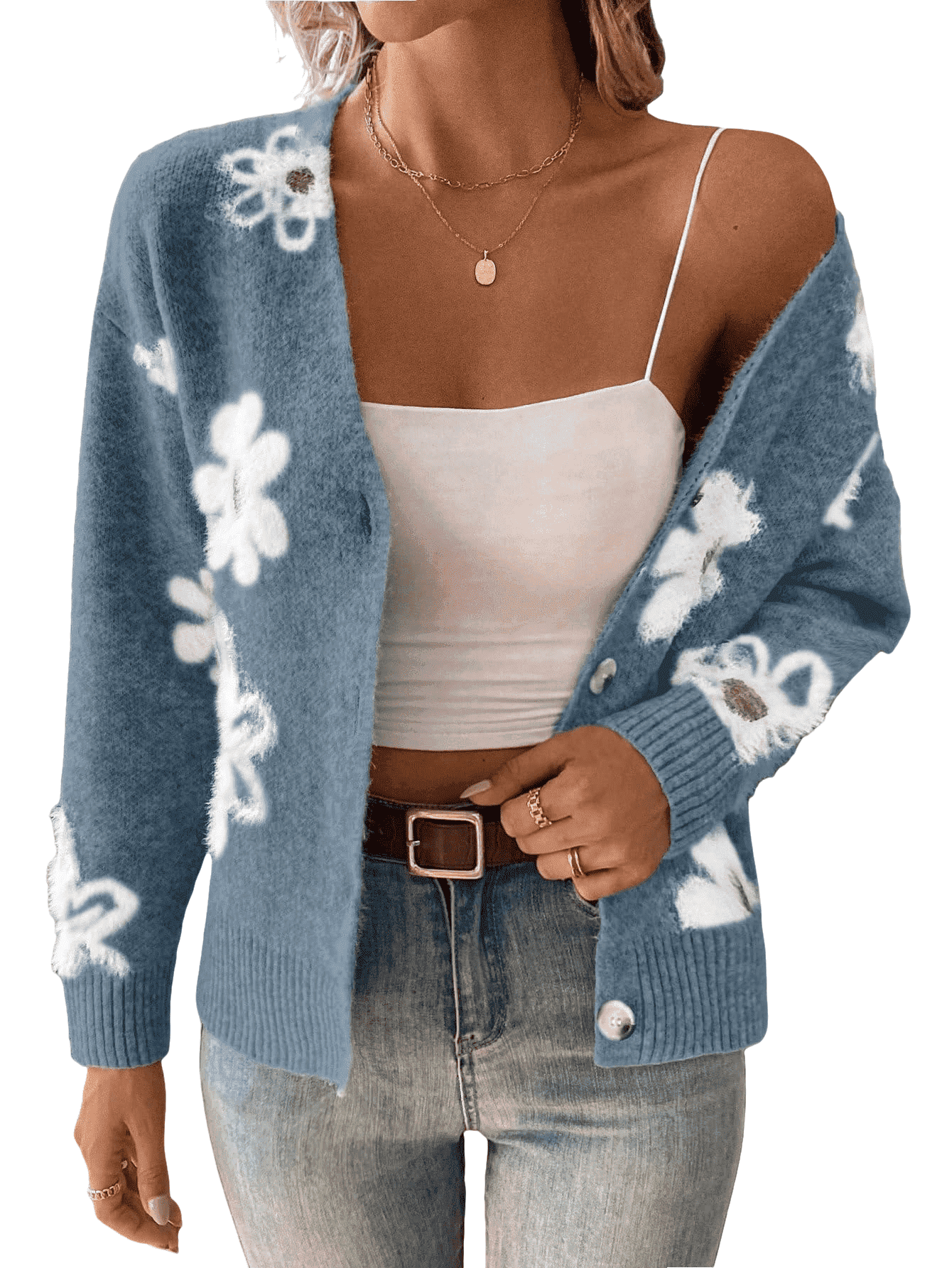 Floral Pattern Button Front Knitted Cardigan, Elegant V-neck Long ...
