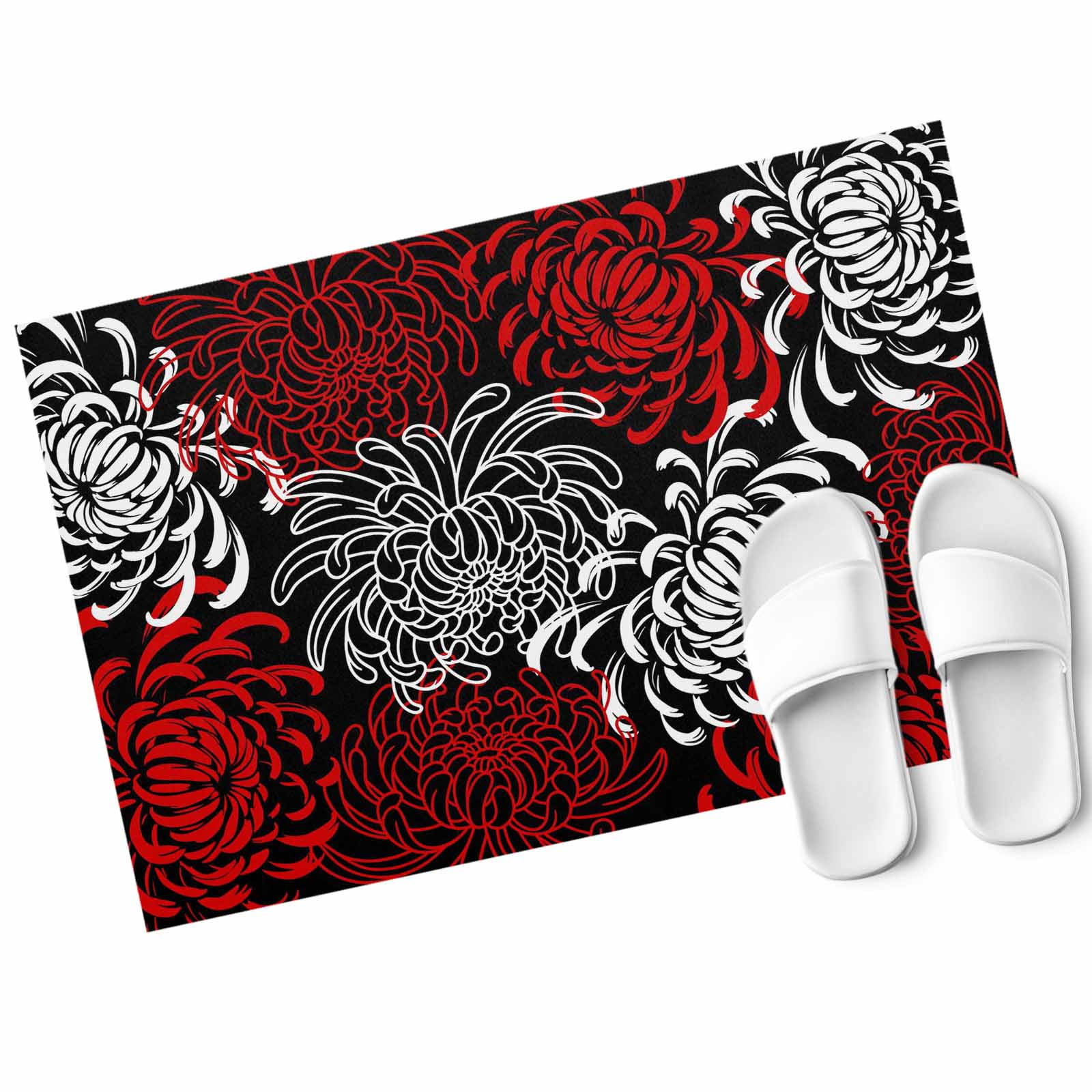 Floral Pattern Door Mat Outline White Red Chrysanthemum Graphic Non ...