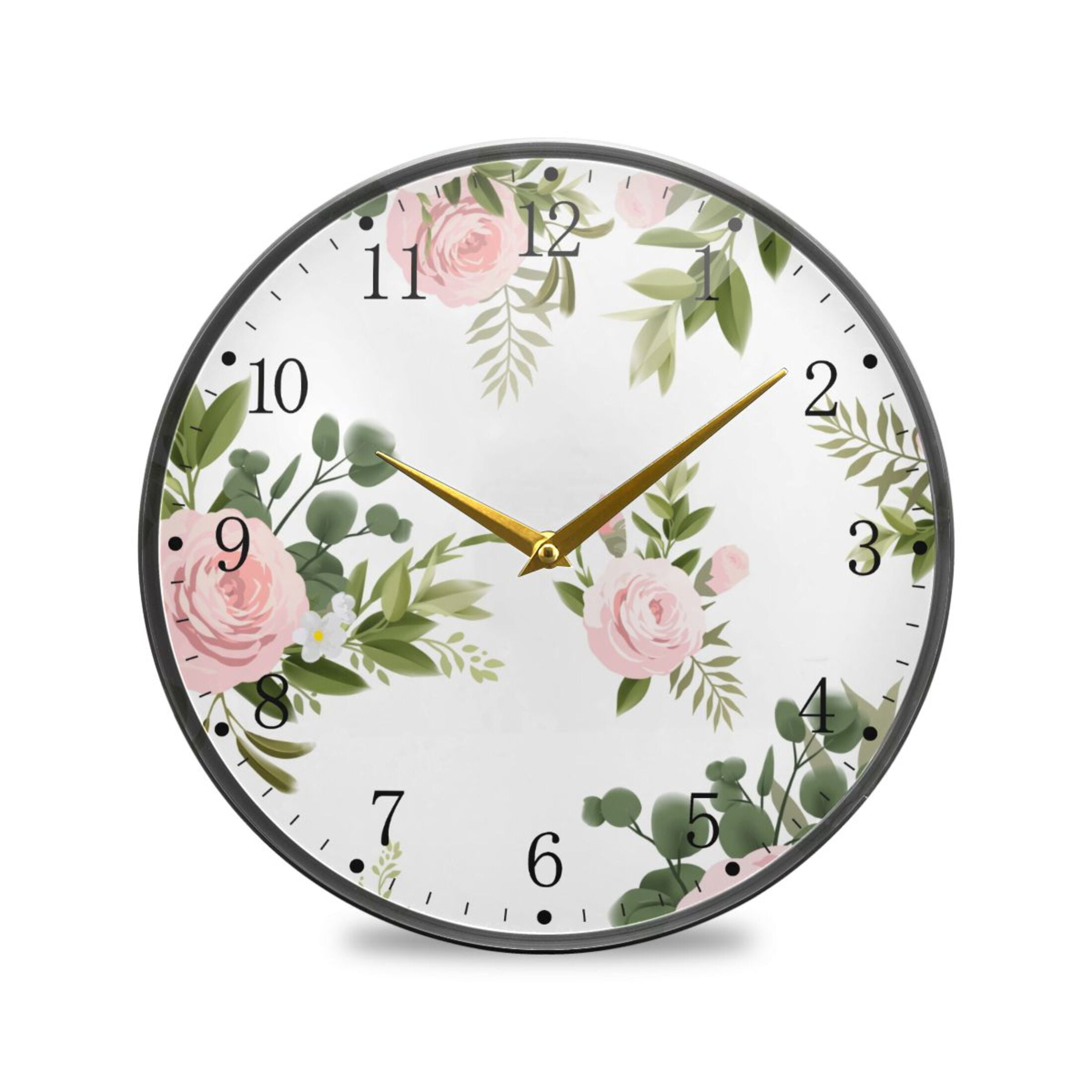 Floral Pattern with Pink Flowers Acrylic Wall Clocks Quiet Round Clock ...