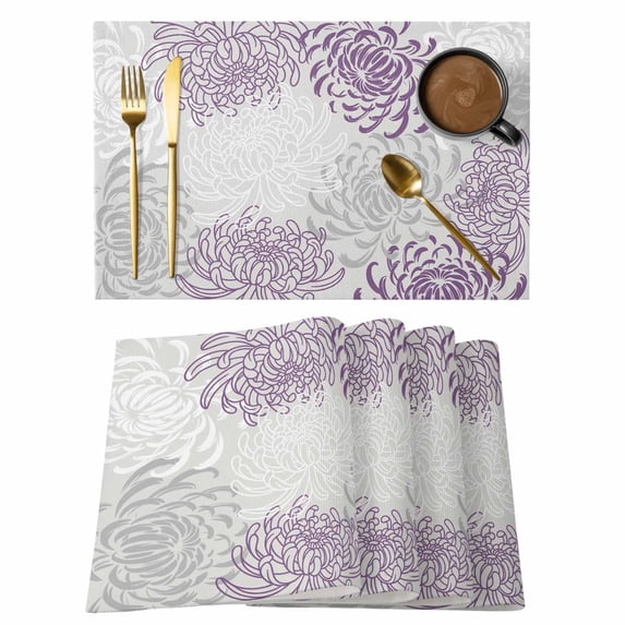 Floral Pattern Placemats Set of 4 Outline White Purple Chrysanthemum ...