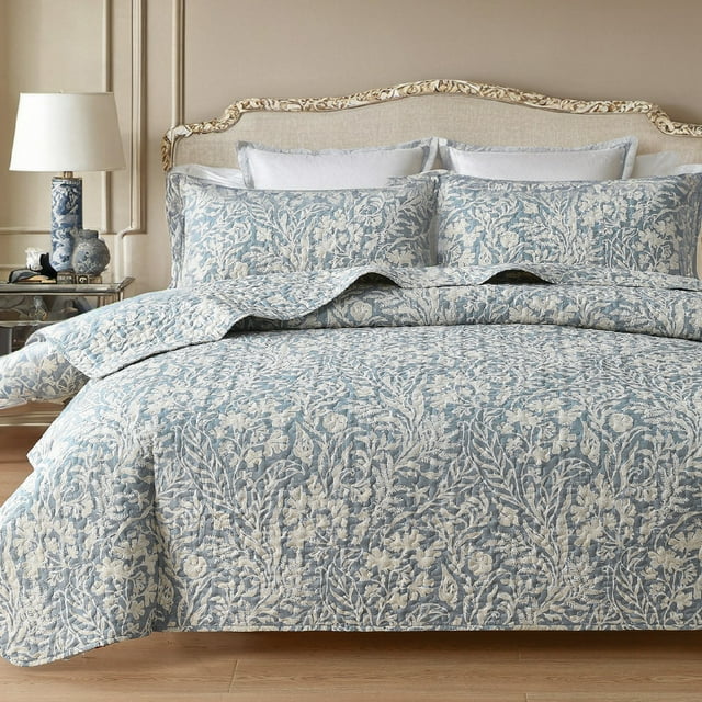 TELIZ 3-Pieces Floral Green Bluish Grey Leaves Quilt Bedding Sets ...