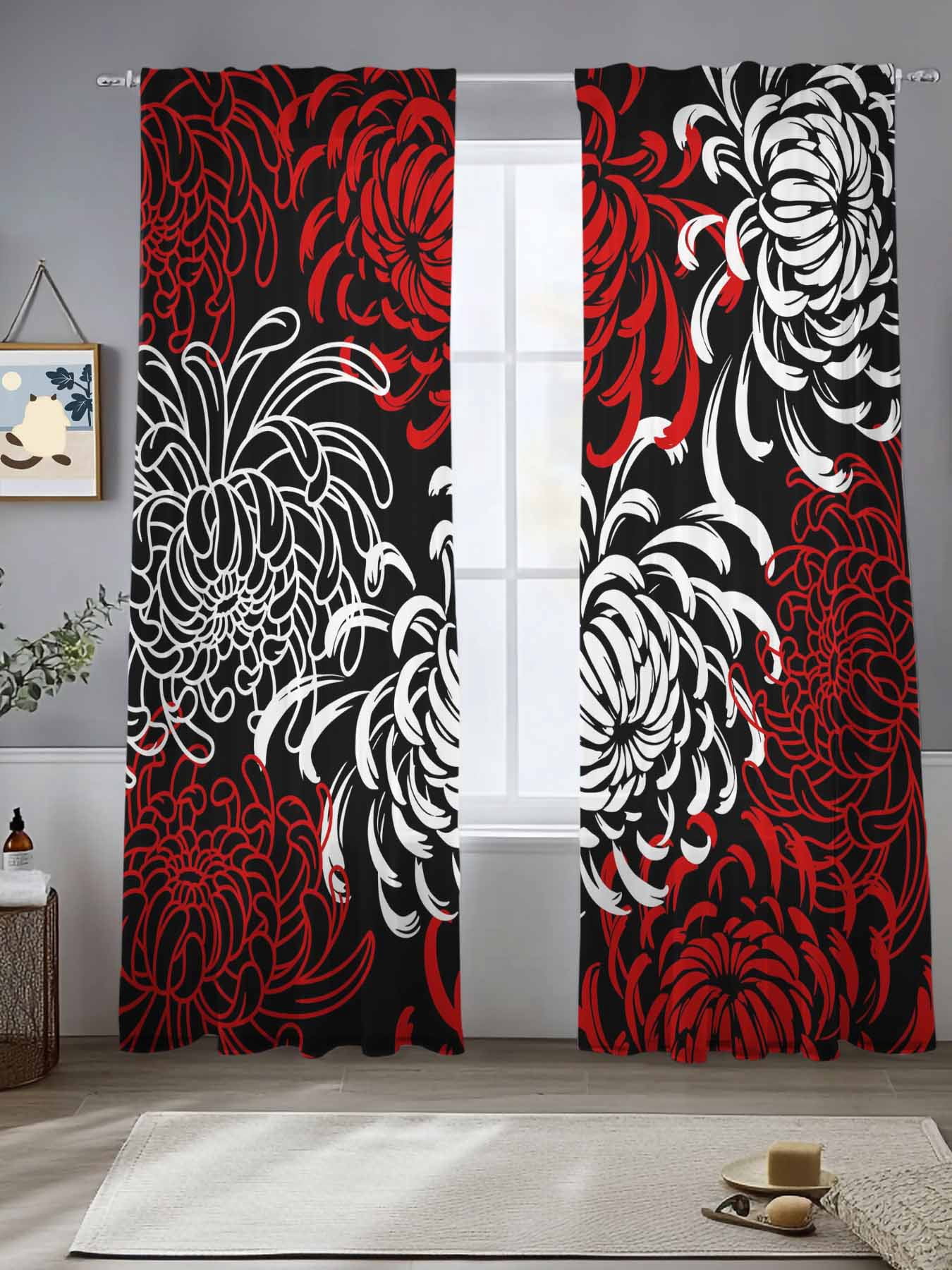 Floral Pattern Sheer Curtains 108 Inches Long 2 Panels Outline White ...