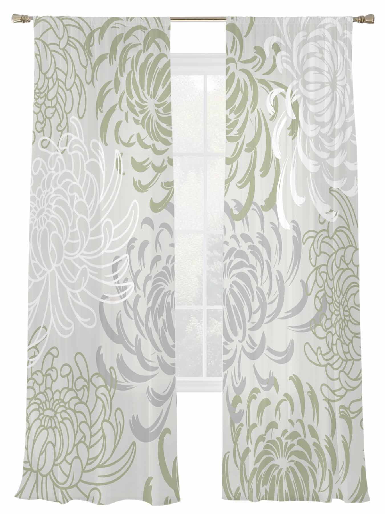 Floral Pattern Sheer Curtains 2 Panels Set Outline White Green ...