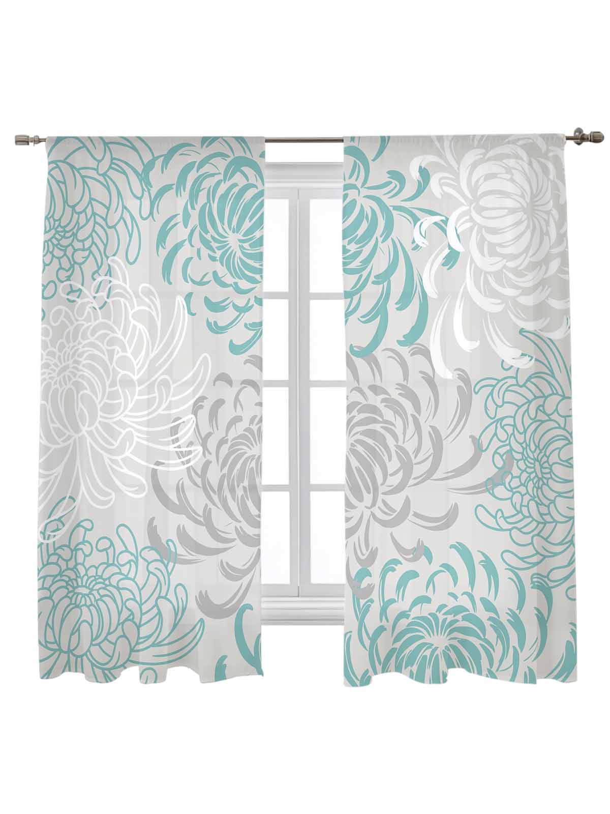 Floral Pattern Sheer Curtains 2 Panels Set Outline White Indigo ...
