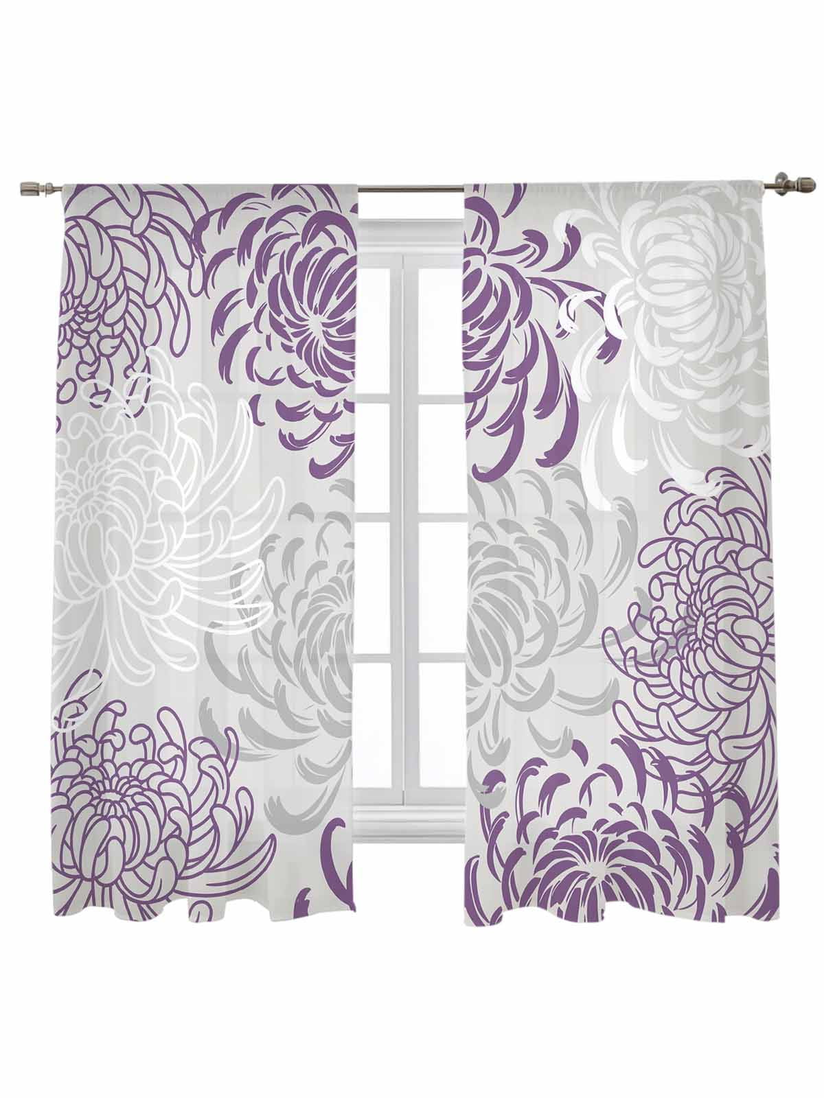 Floral Pattern Sheer Curtains 2 Panels Set Outline White Purple ...