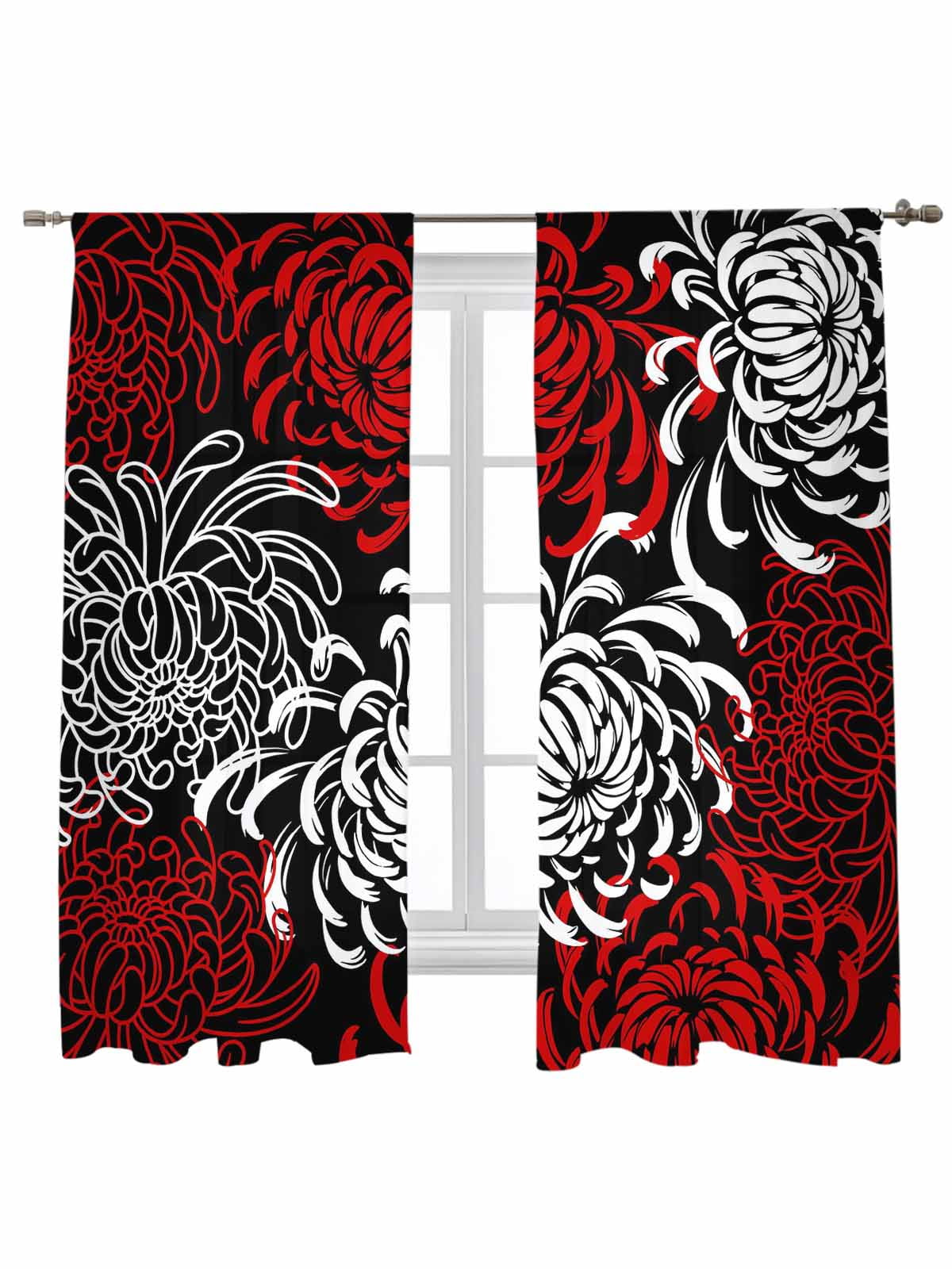 Floral Pattern Sheer Curtains 2 Panels Set Outline White Red ...