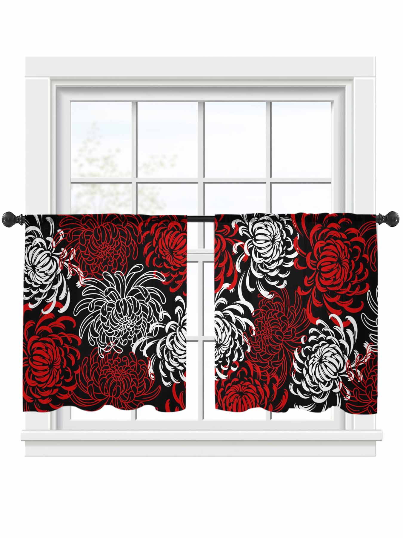 Floral Pattern Sheer Curtains 45 Inch Long 2 Panels, Outline White Red ...
