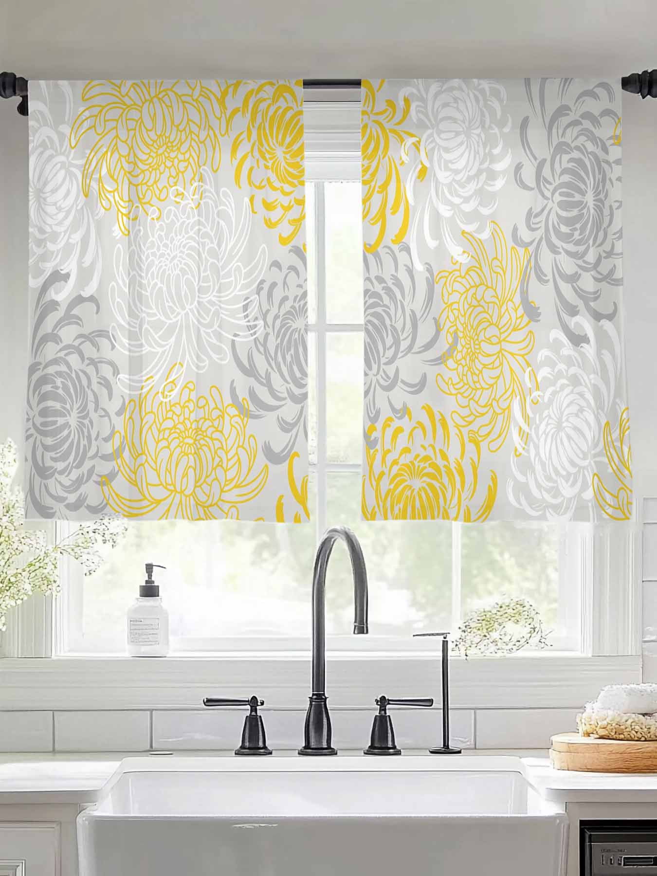 Floral Pattern Sheer Curtains 54 Inches Long 2 Panels Outline White ...