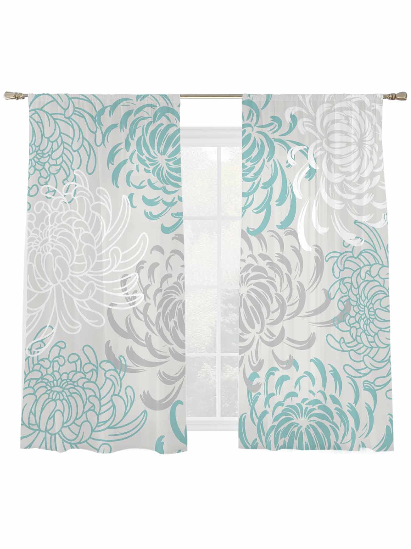 Floral Pattern Sheer Curtains 63 Inch Long 2 Panels, Outline White ...