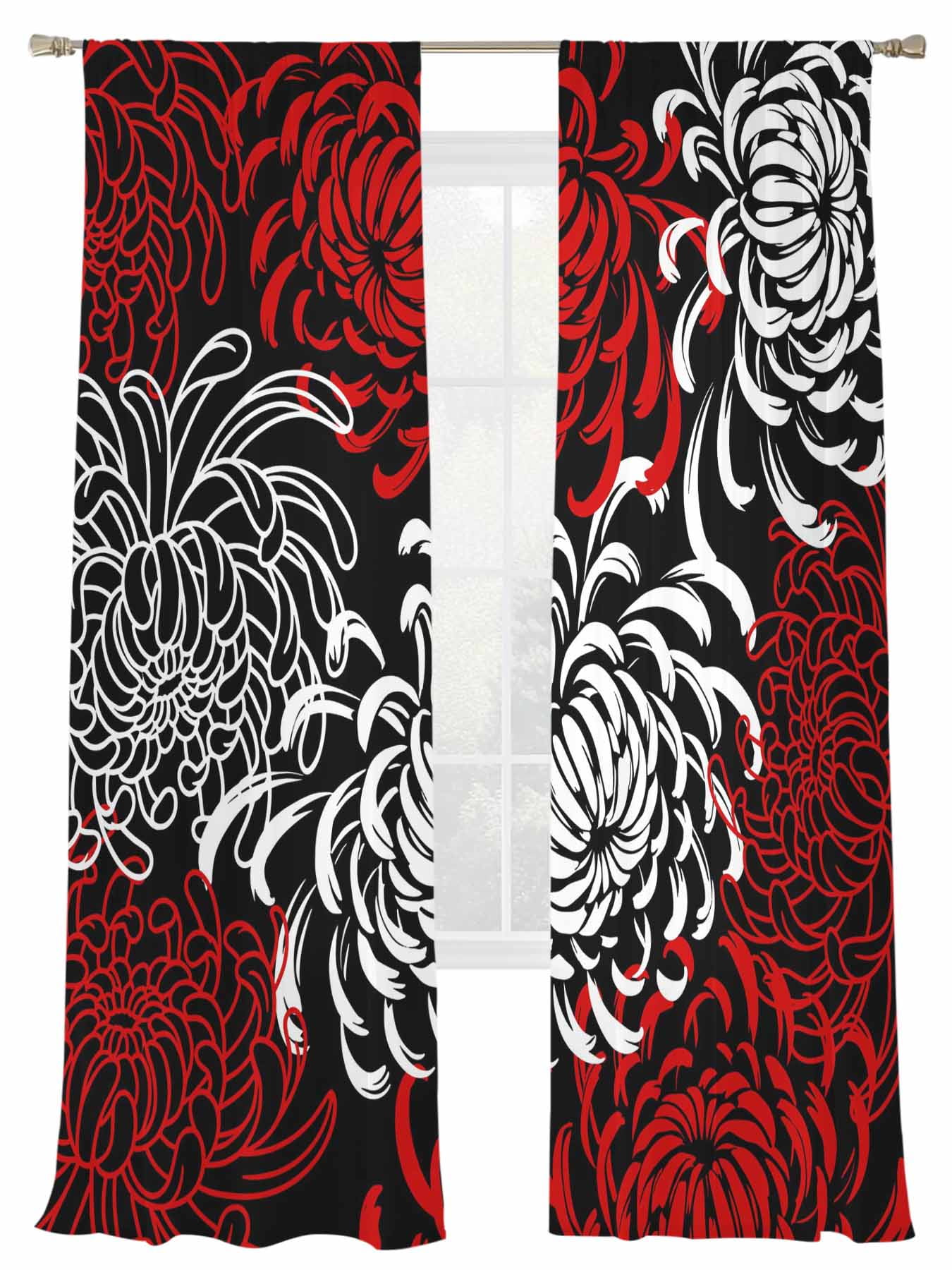 Floral Pattern Sheer Curtains 96 Inch Long 2 Panels, Outline White Red ...