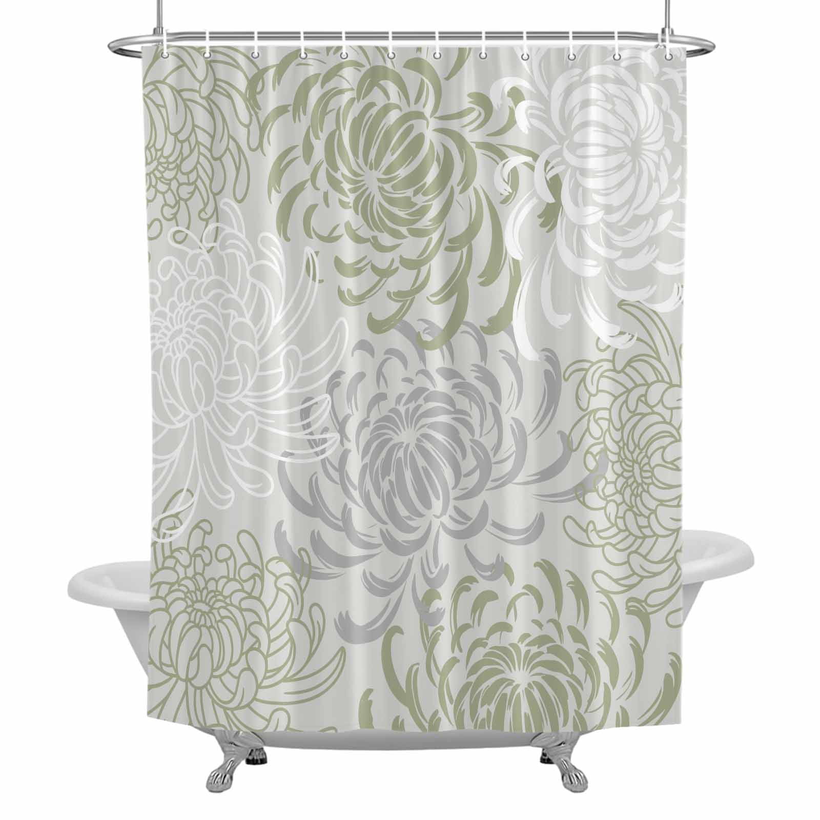 Floral Pattern Shower Curtain for Bathroom, Outline White Green ...