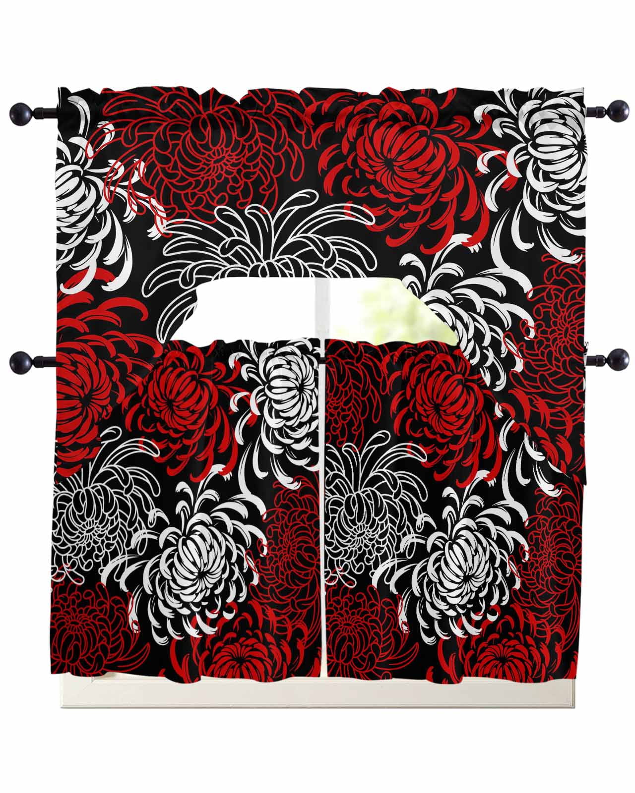 Floral Pattern Swag Valance and Tier Curtains Set Outline White Red ...