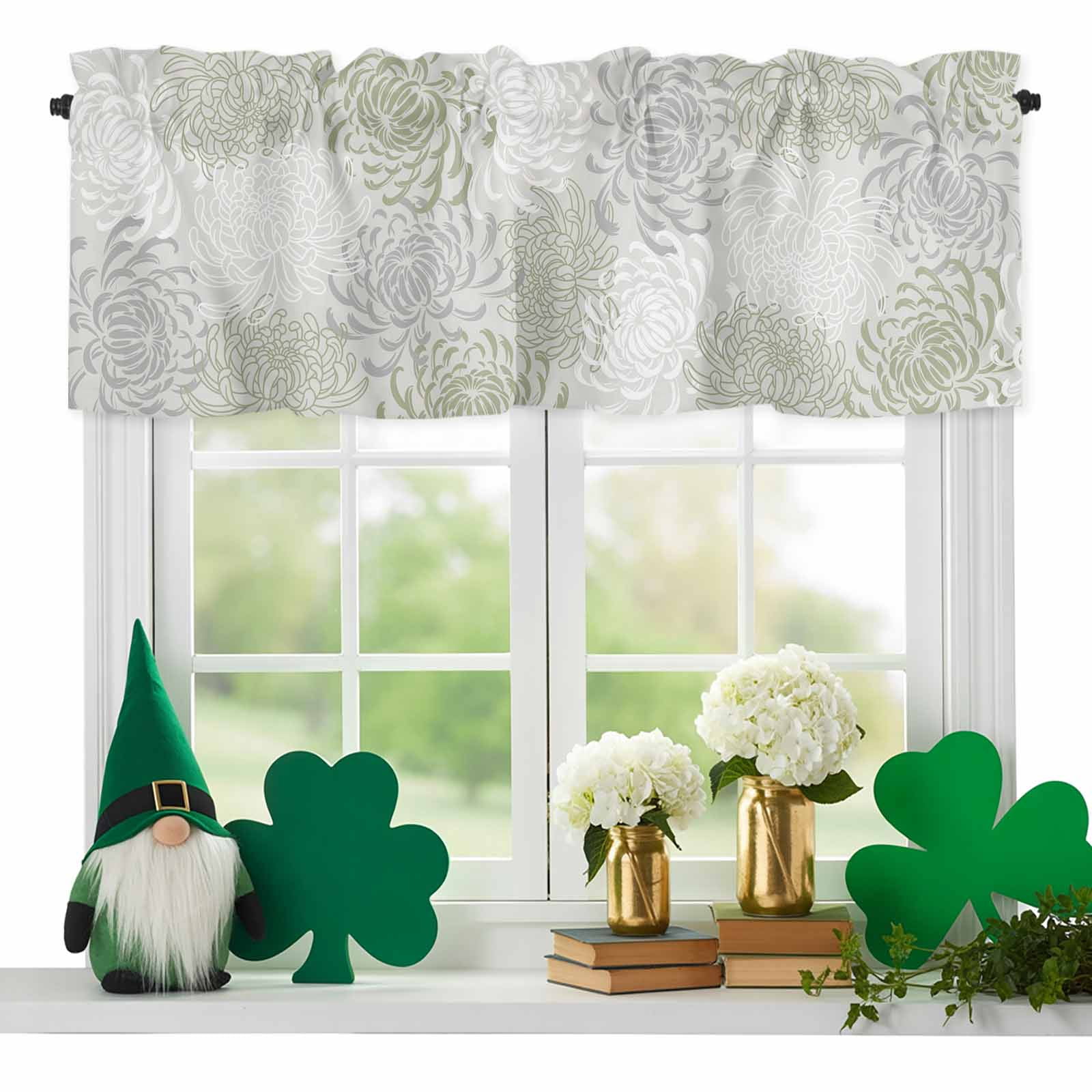 Floral Pattern Valances for Windows, Outline White Green Chrysanthemum ...