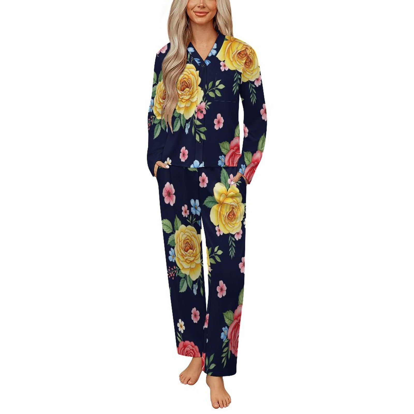 Floral Pattern Vibrant Roses Dark Background Womens Pyjamas Set Button ...