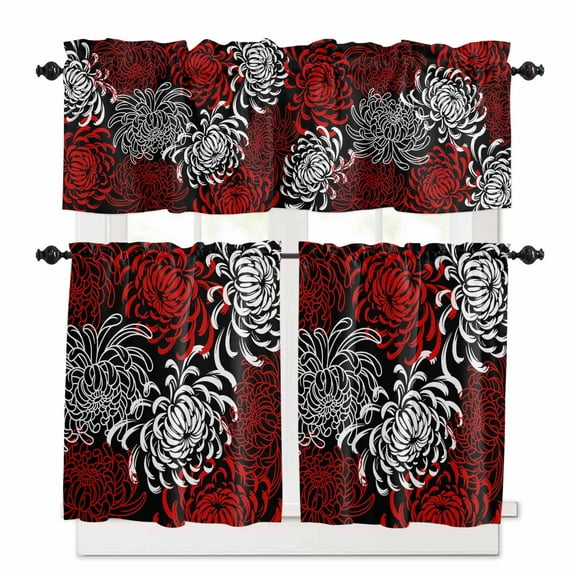 Floral Pattern Window Curtains Valance Set of 3 Outline White Red ...