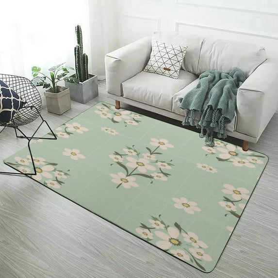 Floral Pattern on Green Grid Carpet Living Room Sofa Non-Slip Wear ...