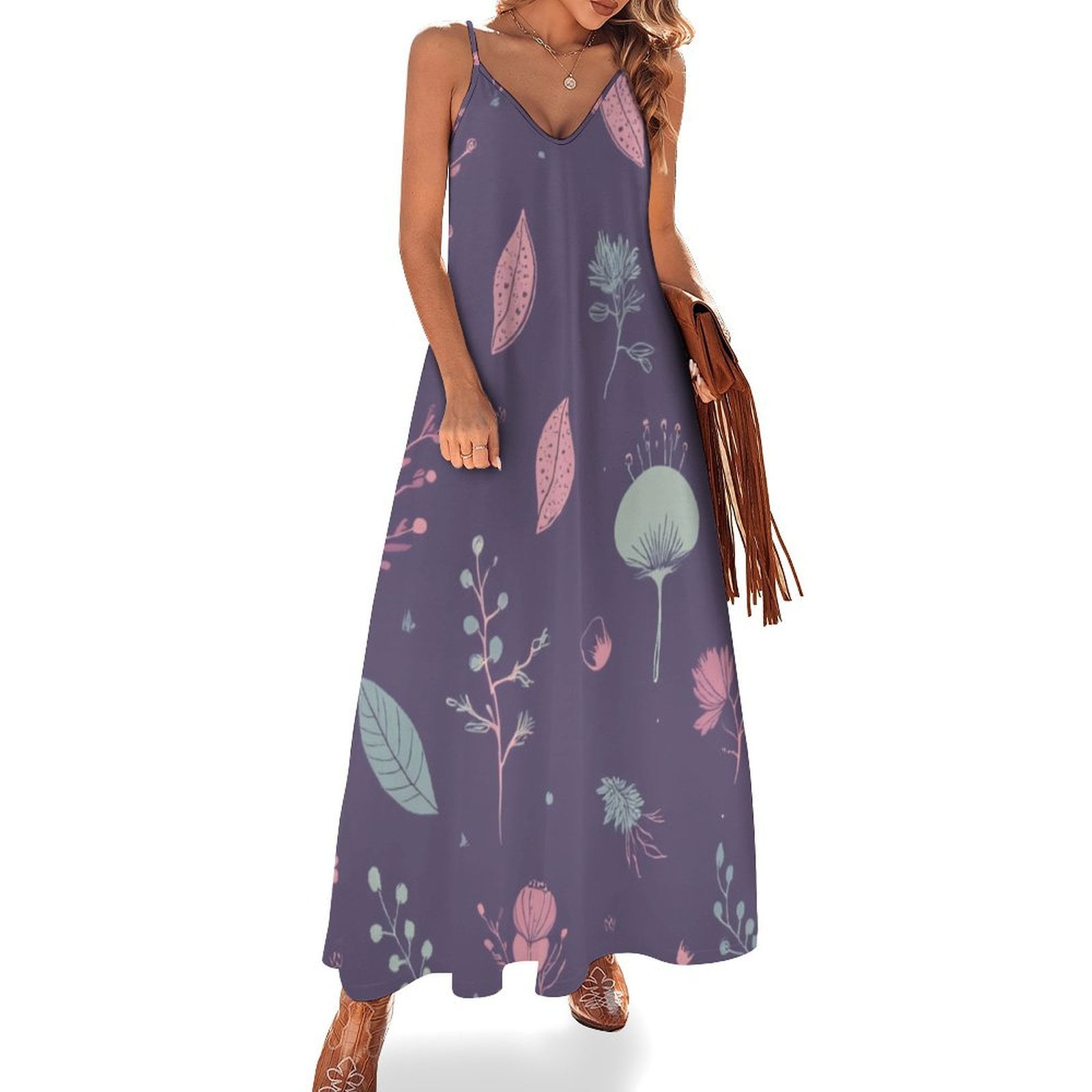 Floral Pattern with Leaves And Flowers Sleeveless Dress Women's Luxury ...