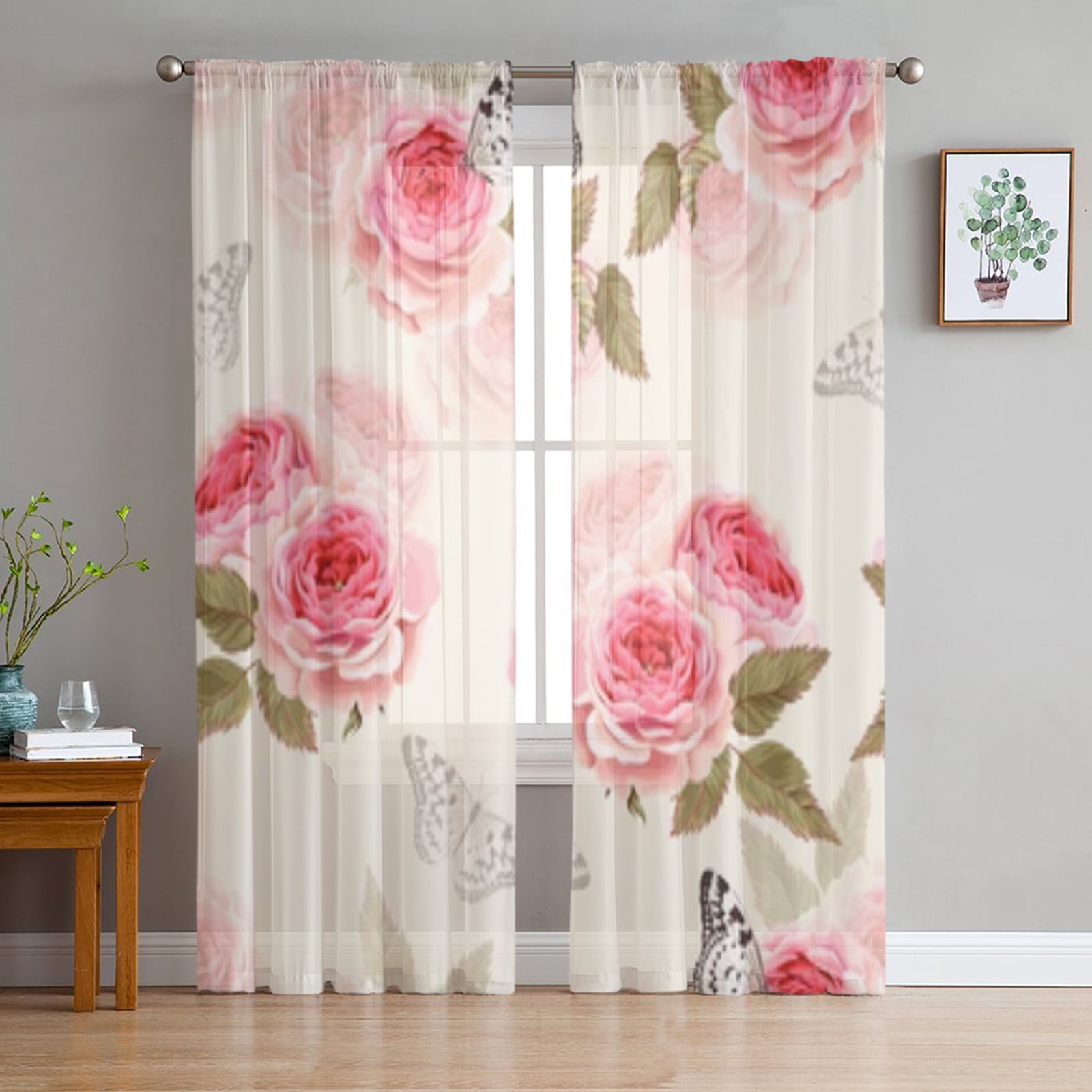 Floral Pattern with Pink Roses Sheer Window Curtains for Living Room ...