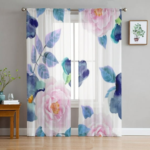 Floral Pattern with Pink Roses Sheer Window Curtains for Living Room ...