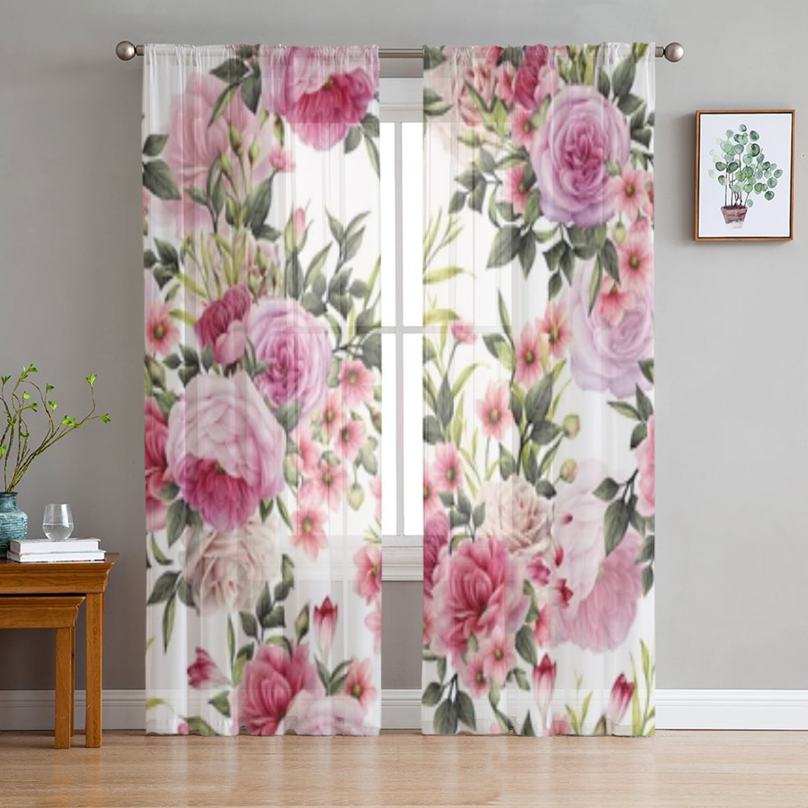 Floral Pattern with Pink Roses Sheer Window Curtains for Living Room ...