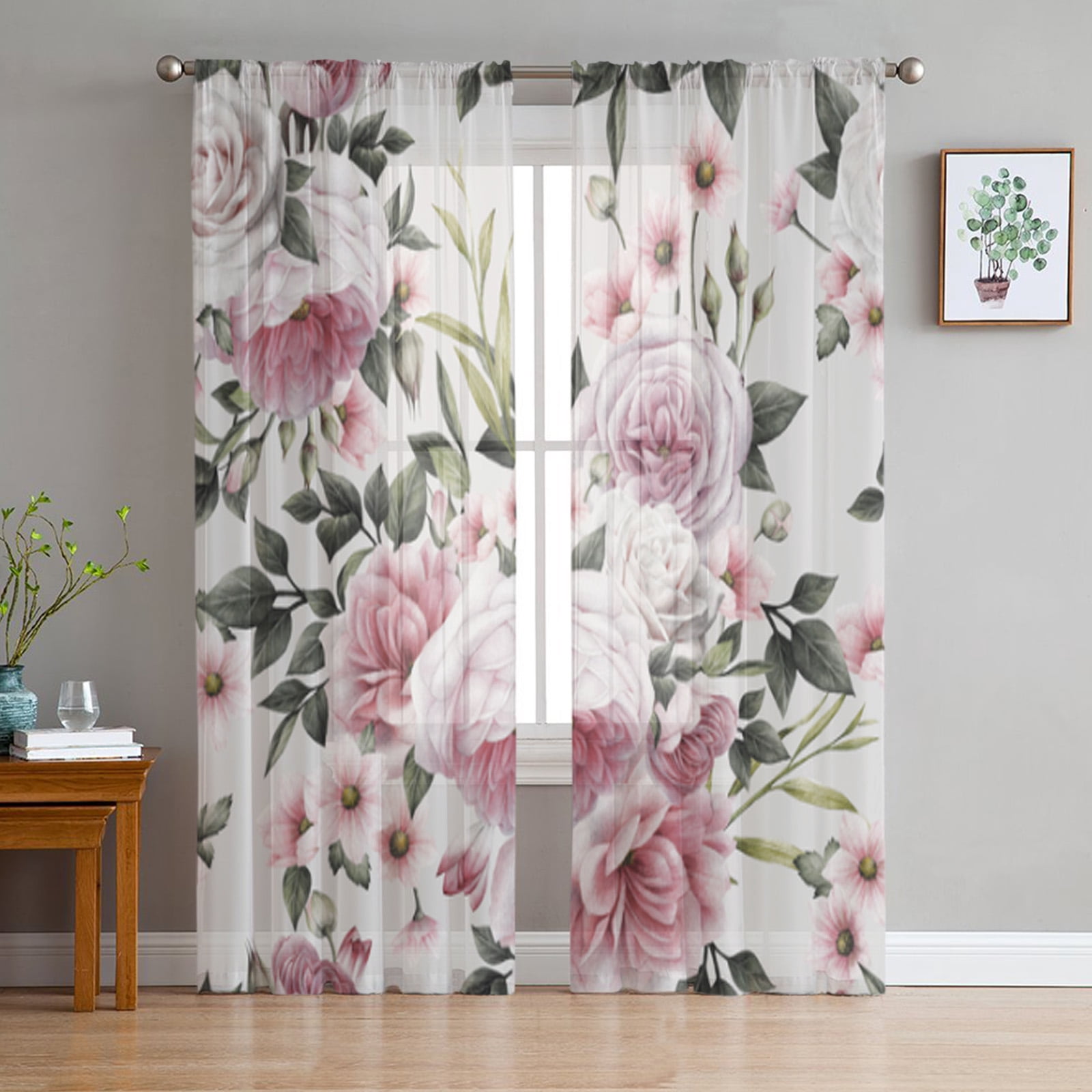 Floral Pattern with Pink Roses Sheer Window Curtains for Living Room ...