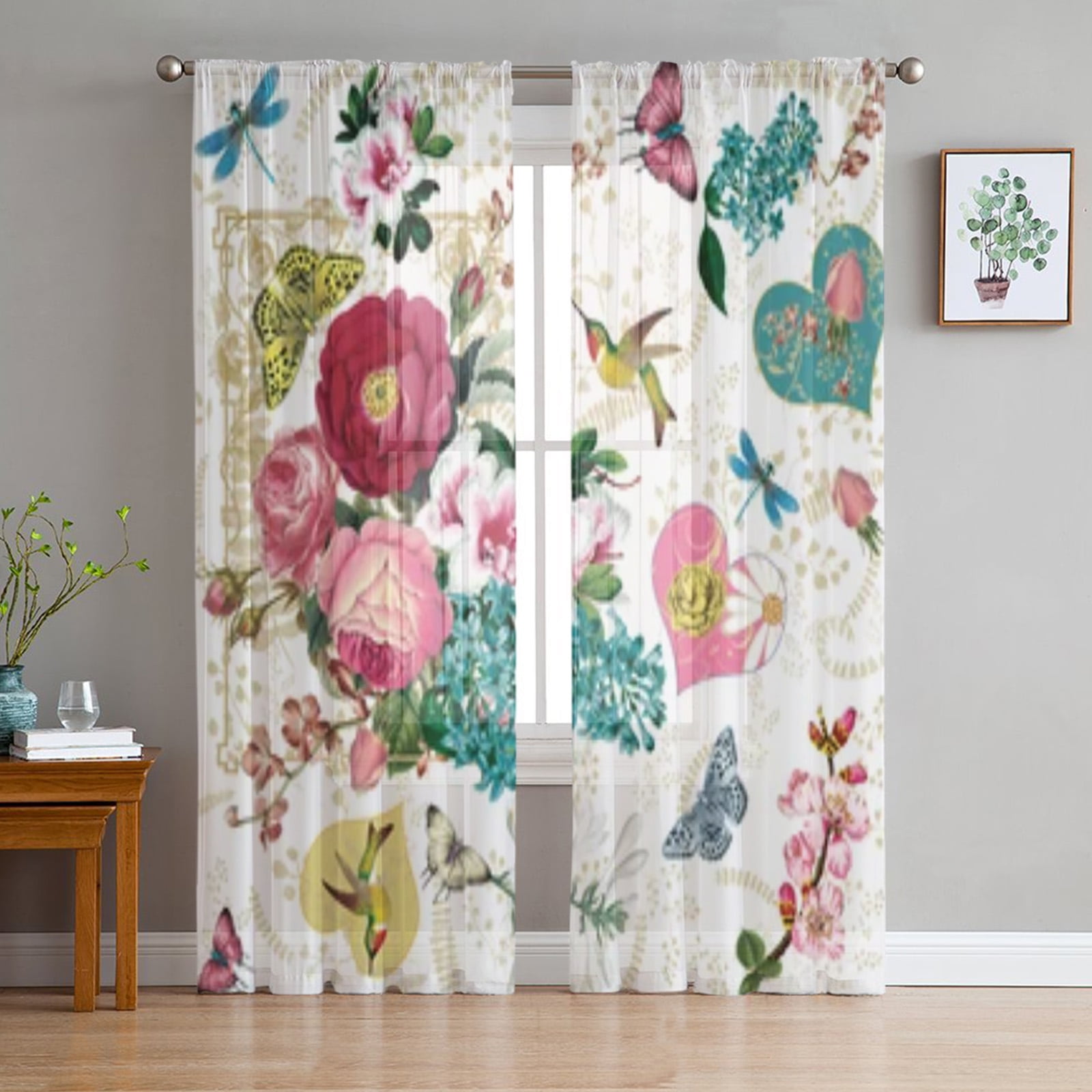 Floral Pattern with Pink Roses Sheer Window Curtains for Living Room ...