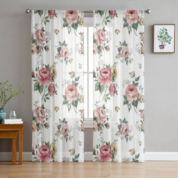 Floral Pattern with Pink Roses Sheer Window Curtains for Living Room ...