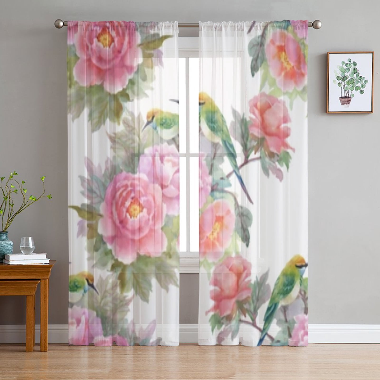 Floral Pattern with Pink Roses Sheer Window Curtains for Living Room ...