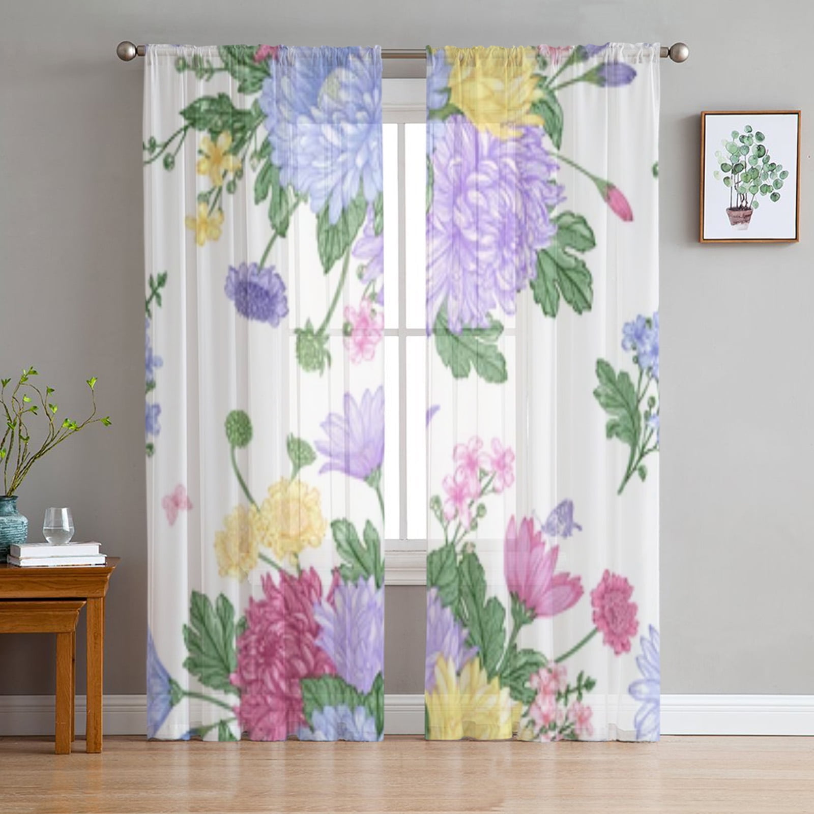 Floral Pattern with Pink Roses Sheer Window Curtains for Living Room ...