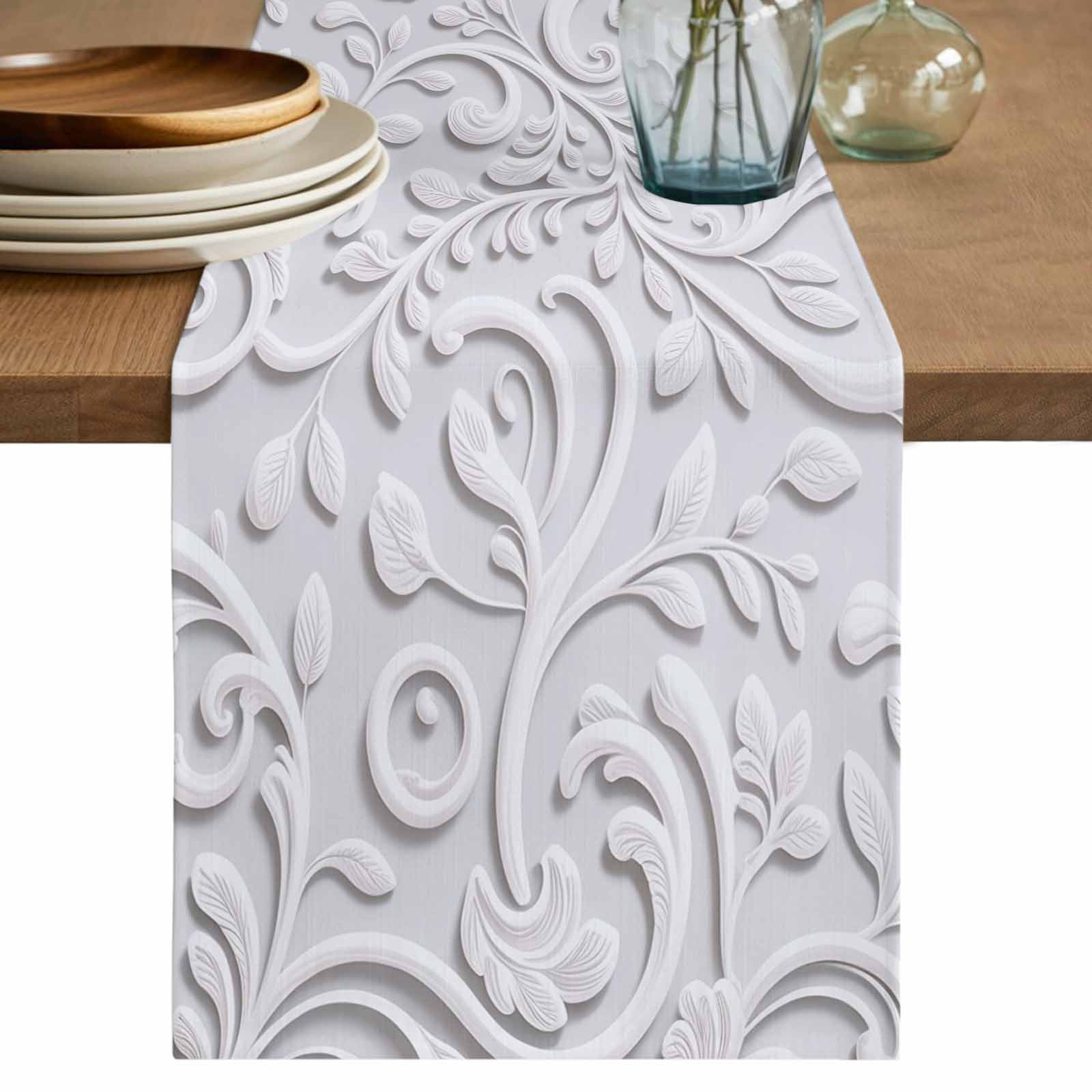 Floral Patterns Table Runner 70 Inches, Silver White Flowers Leaves ...