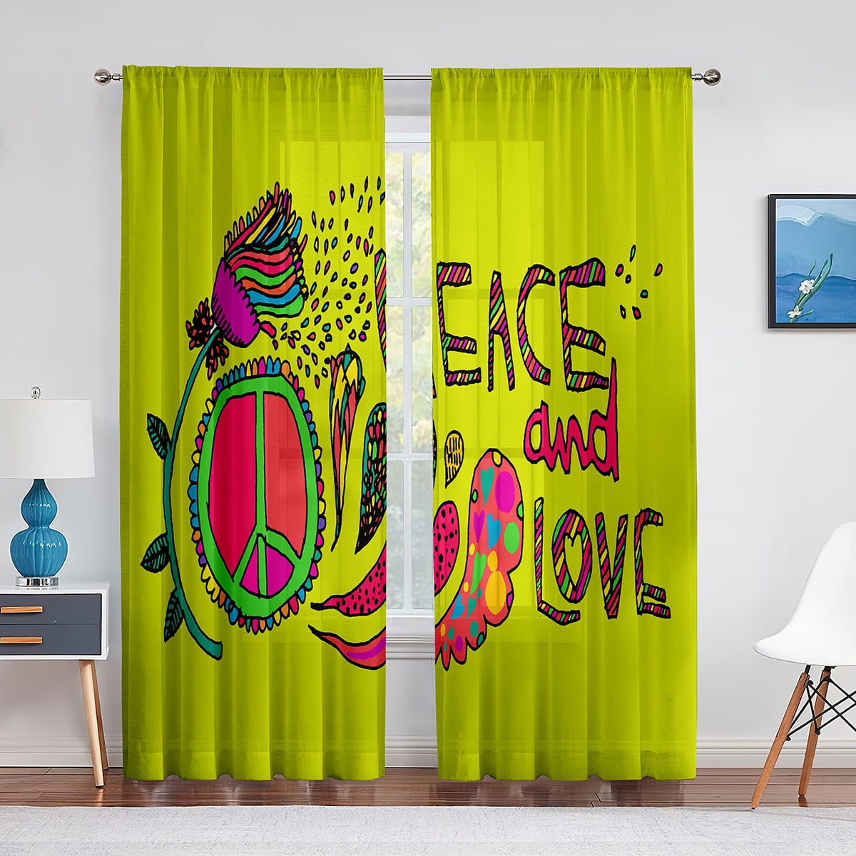 Floral Peace Sign Summer Spring Bloom Psychedelic Tulle Curtains for Living Room Bedroom Chiffon ...