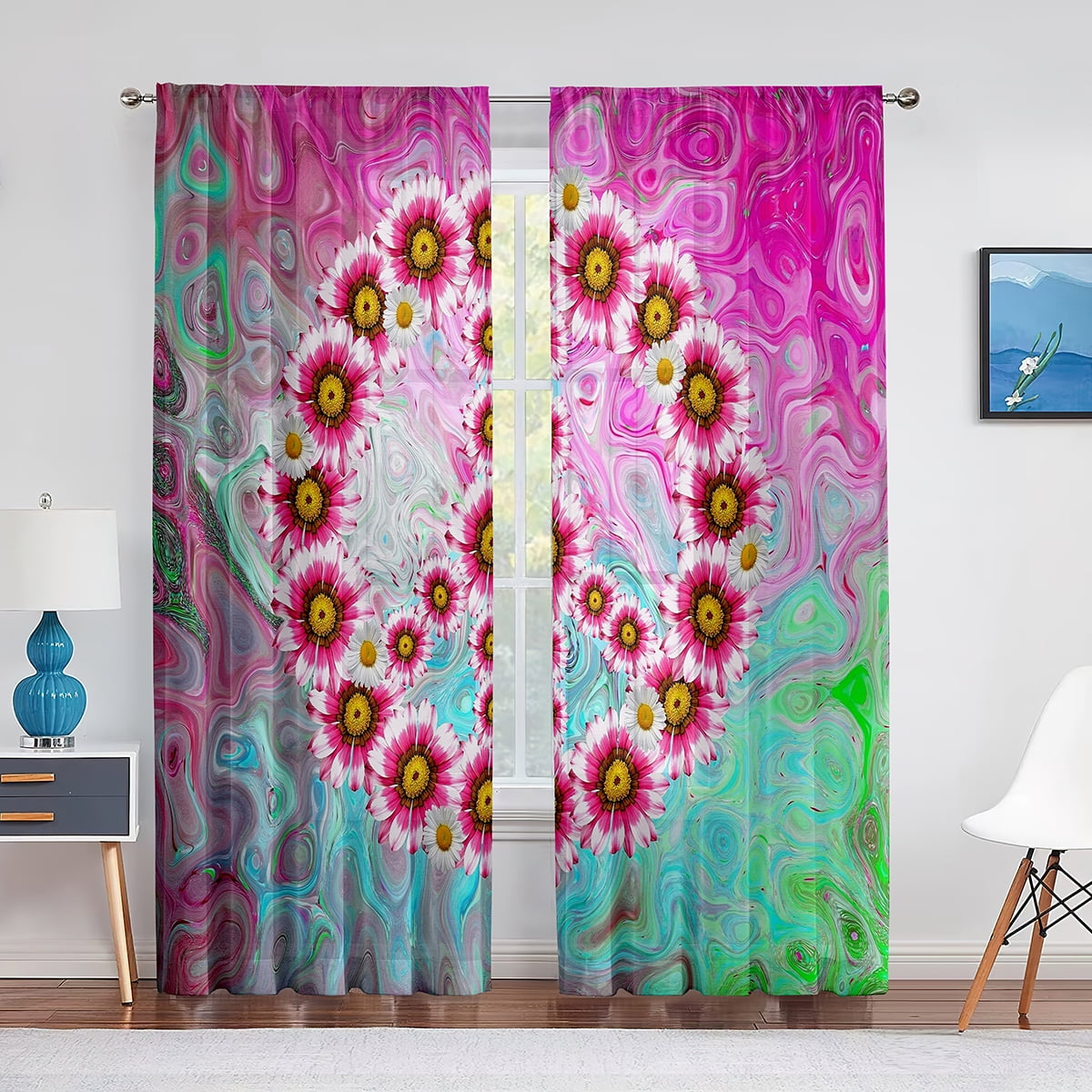 Floral Peace Sign Summer Spring Bloom Psychedelic Tulle Curtains for Living Room Bedroom Chiffon ...
