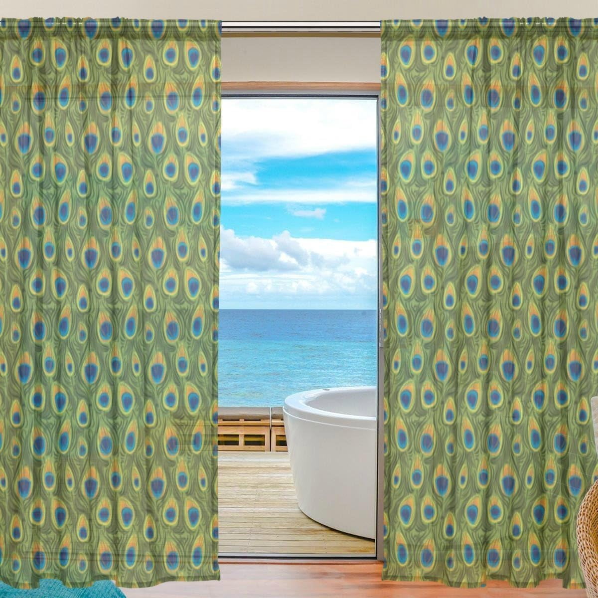 Floral Peacock Feather Pattern Semi Sheer Curtains Window Voile Drapes ...