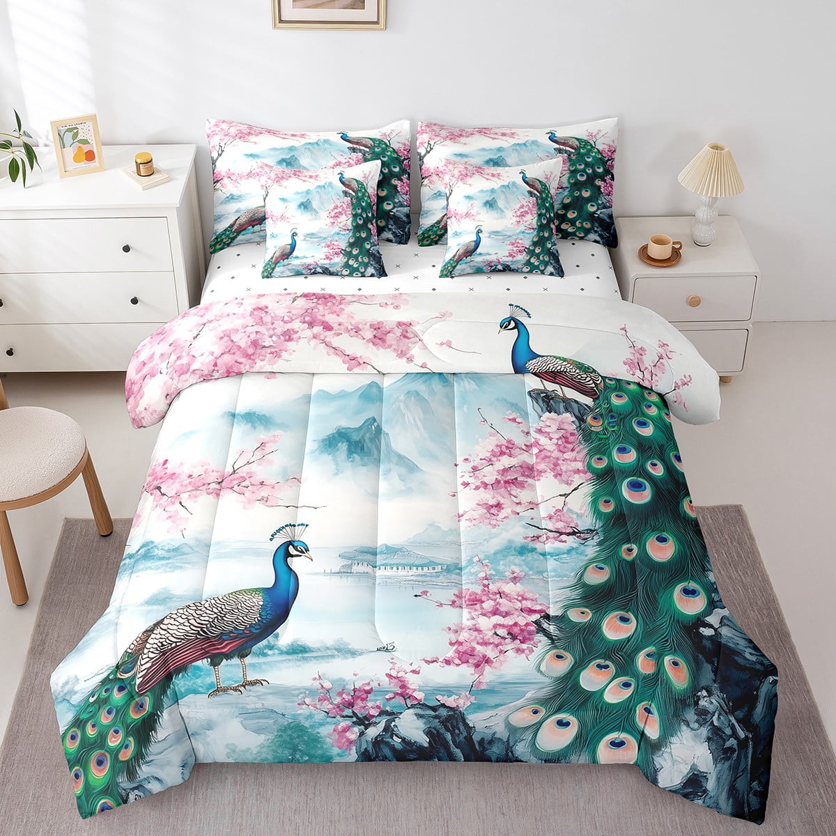 Floral Peacock Twin Comforter Set 7 Piece,Japanese Cherry Blossom ...